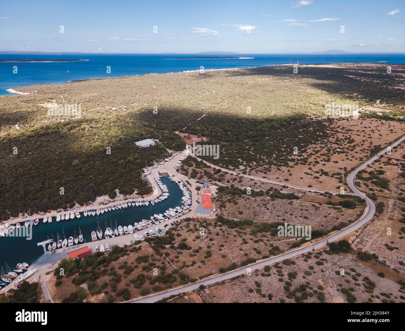 Drone flight over the beautiful island of Pag in Croatia, simuni ...