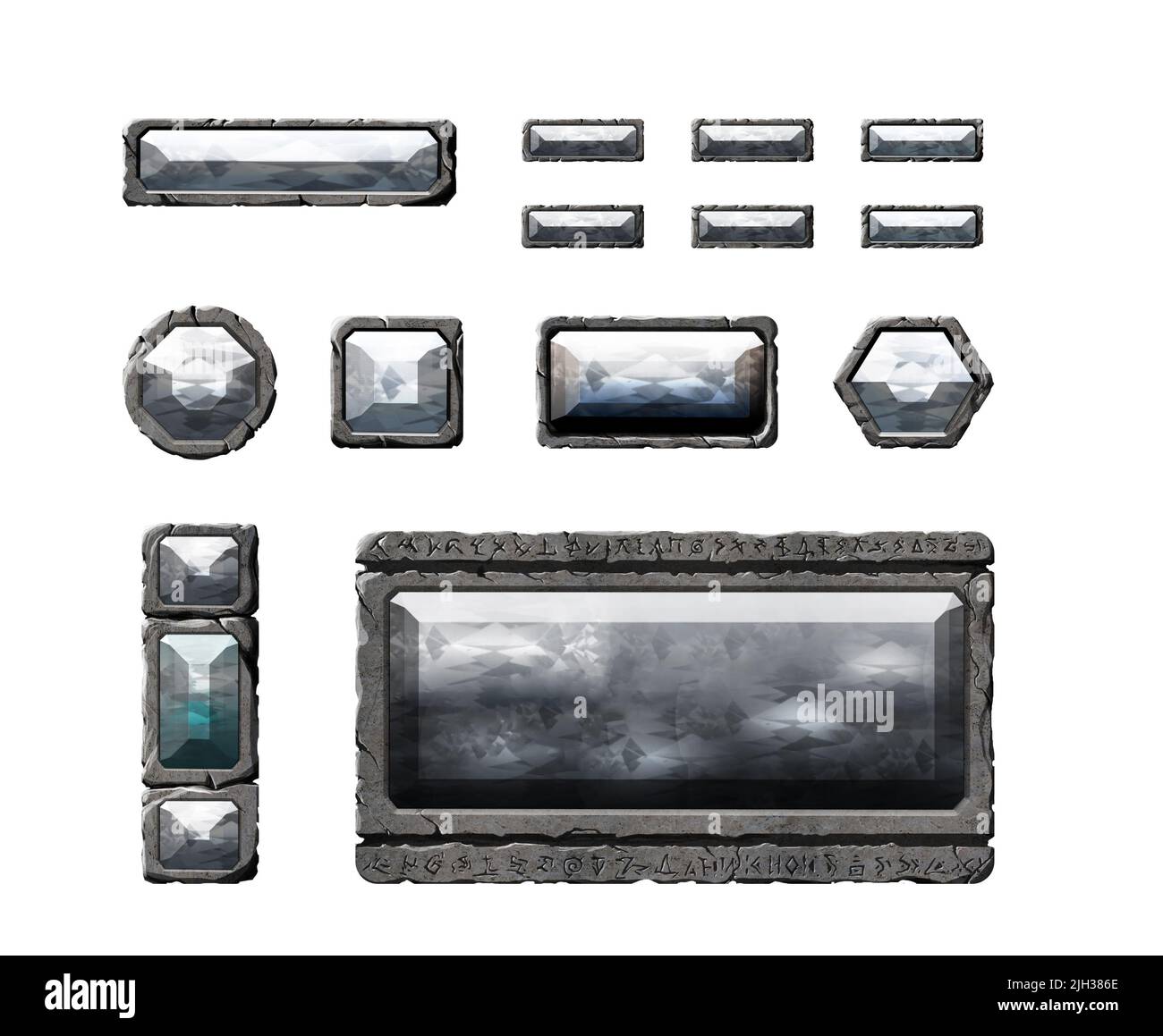 A set of realistic stone interface buttons and fantasy elements with ...