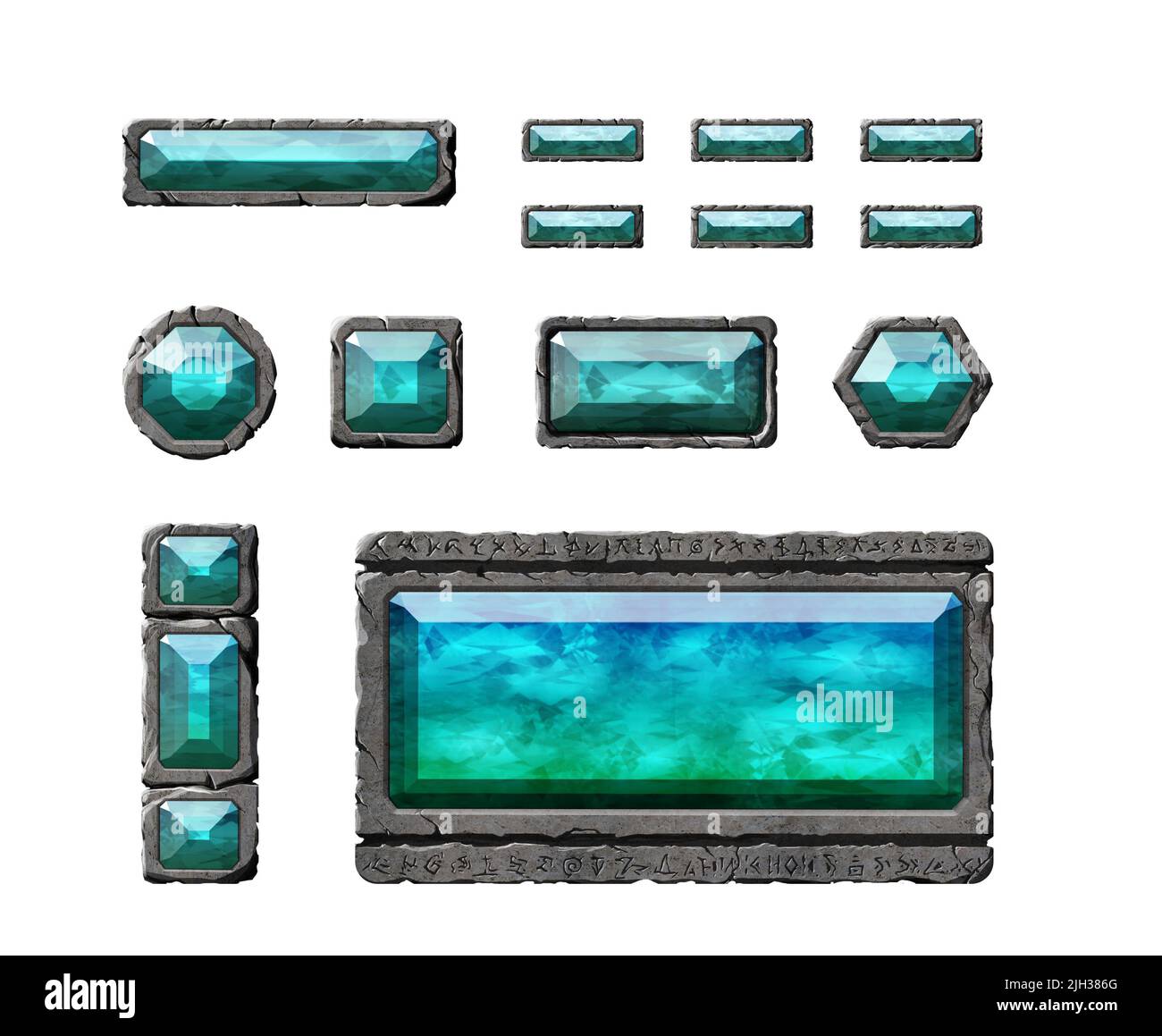 A set of realistic stone interface buttons and fantasy elements with ...