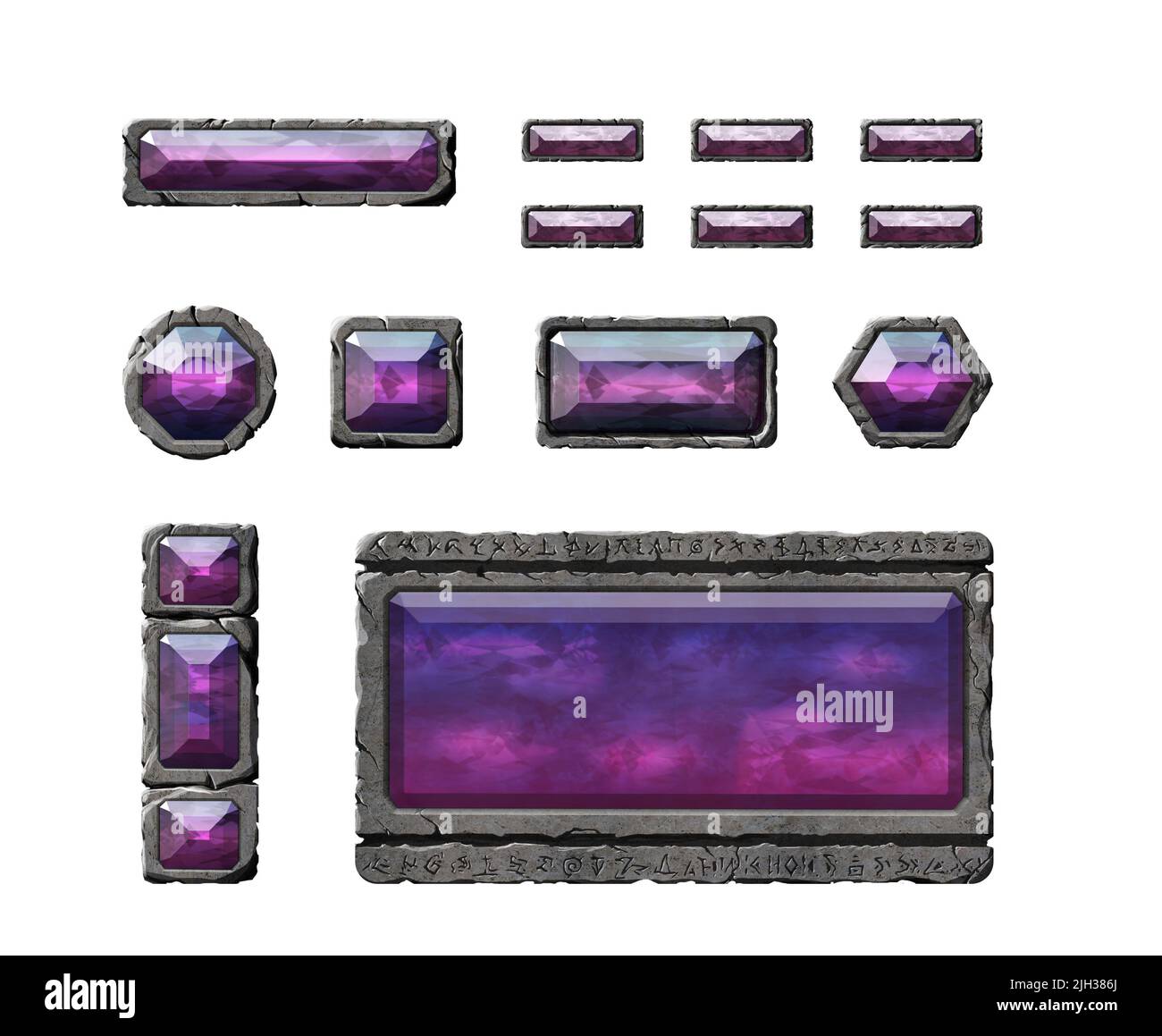 A set of realistic stone interface buttons and fantasy elements with ...