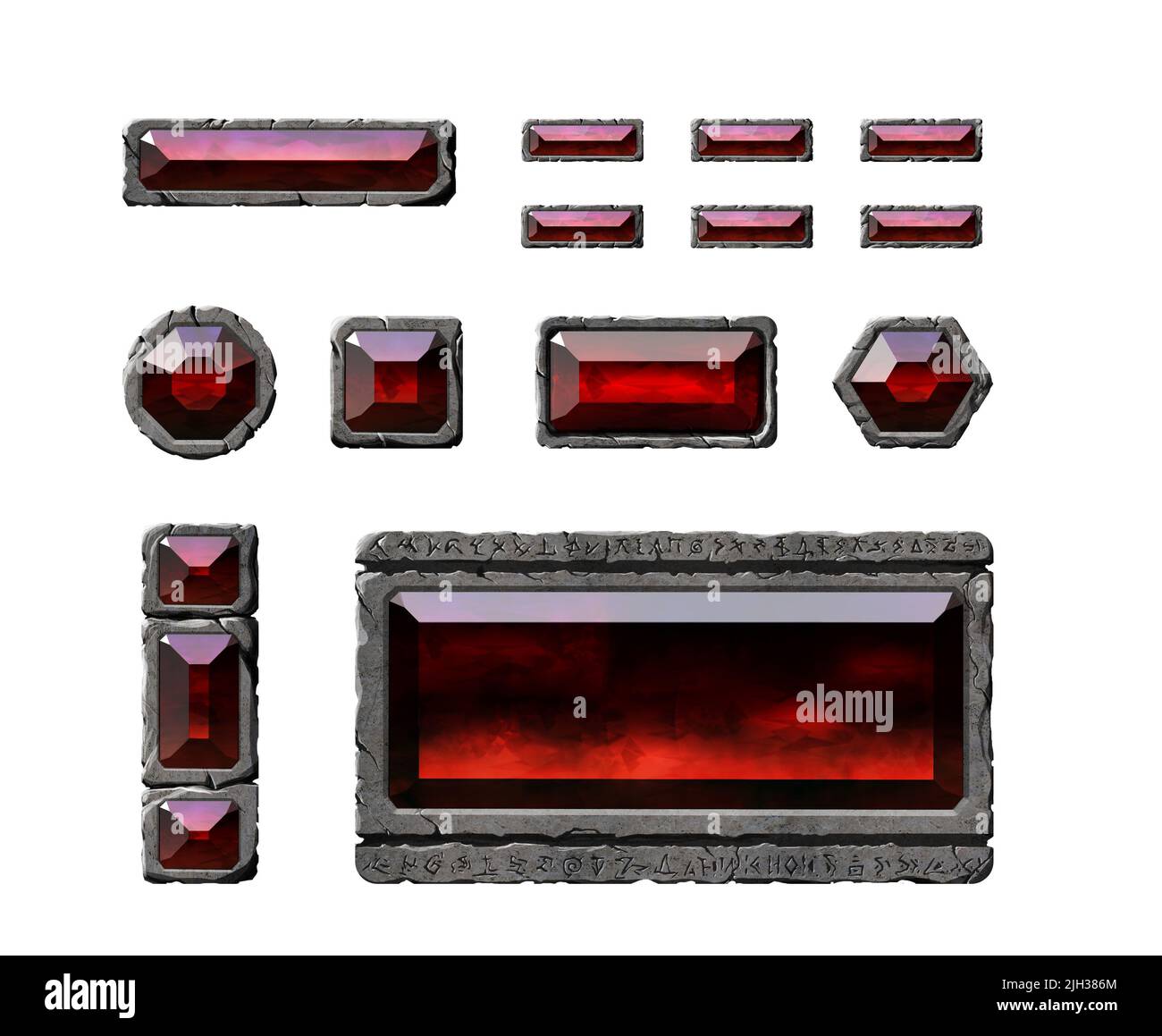 A set of realistic stone interface buttons and fantasy elements with ...