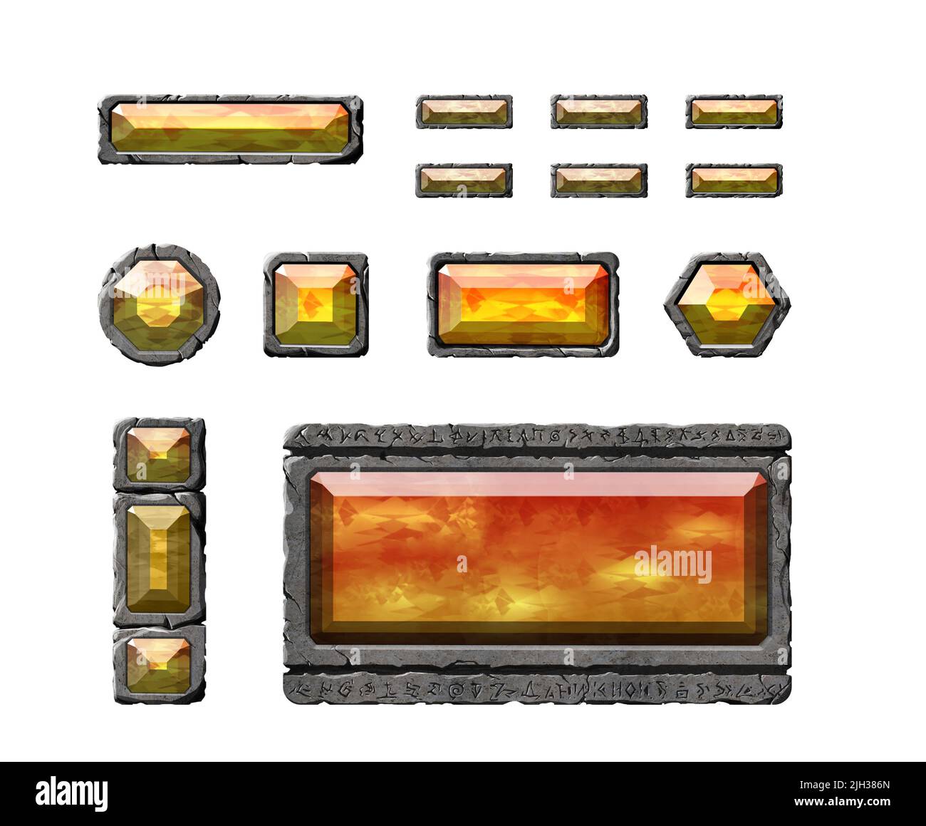 A set of realistic stone interface buttons and fantasy elements with ...