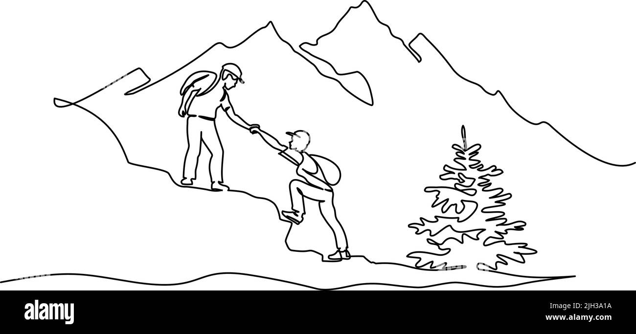 Tourists man woman helping each other hike up mountain. Continuous one ...