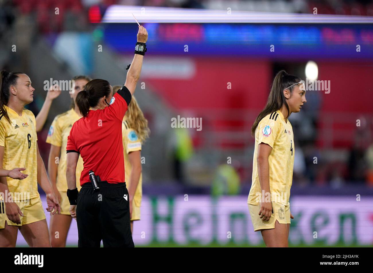 Referee Cheryl Foster shows a red card to Belgium’s Amber Tysiak during ...
