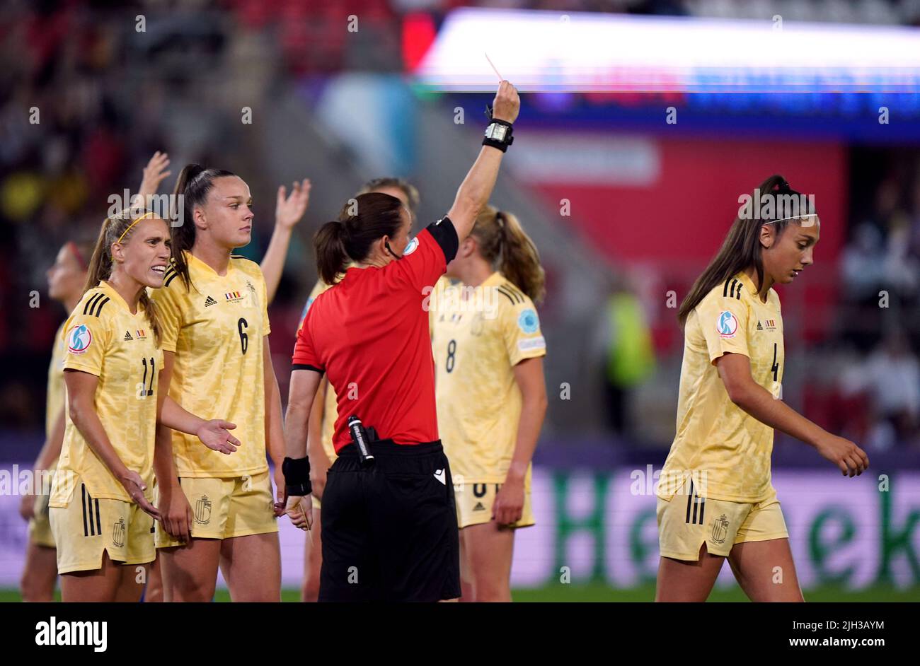 Referee Cheryl Foster shows a red card to Belgium’s Amber Tysiak during ...