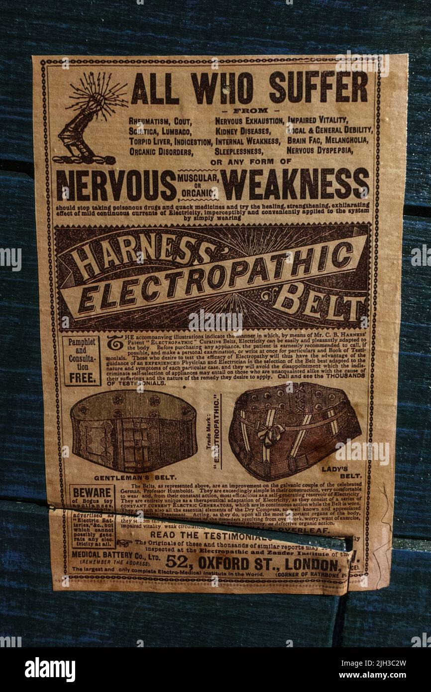 Advert for "Harness' Electropathic Belt" (late 19th century) on display in the Thackray Museum ...