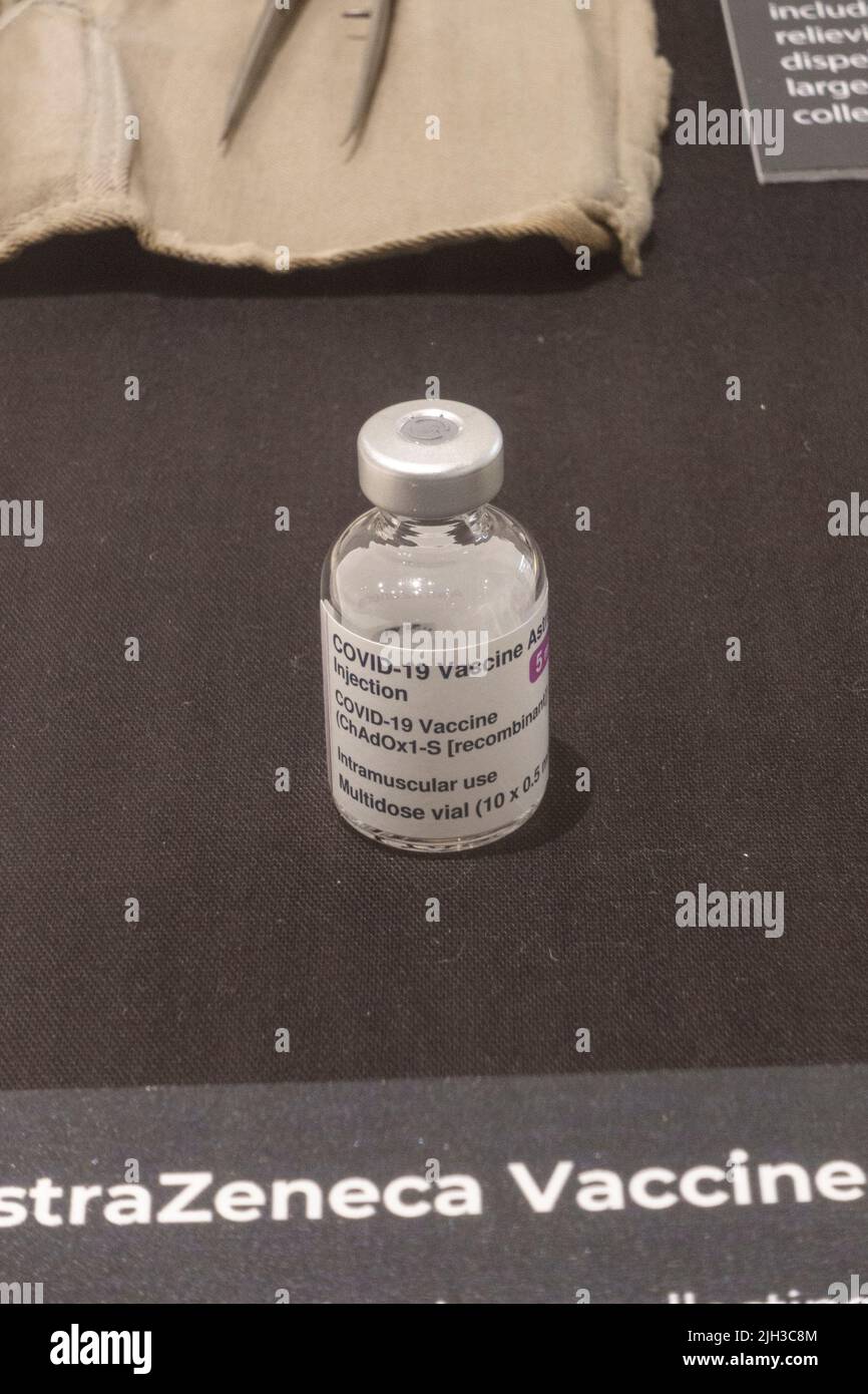 A vial of AstraZeneca COVID-19 vaccine (ChAdOx1-S) fron 2020 on display ...