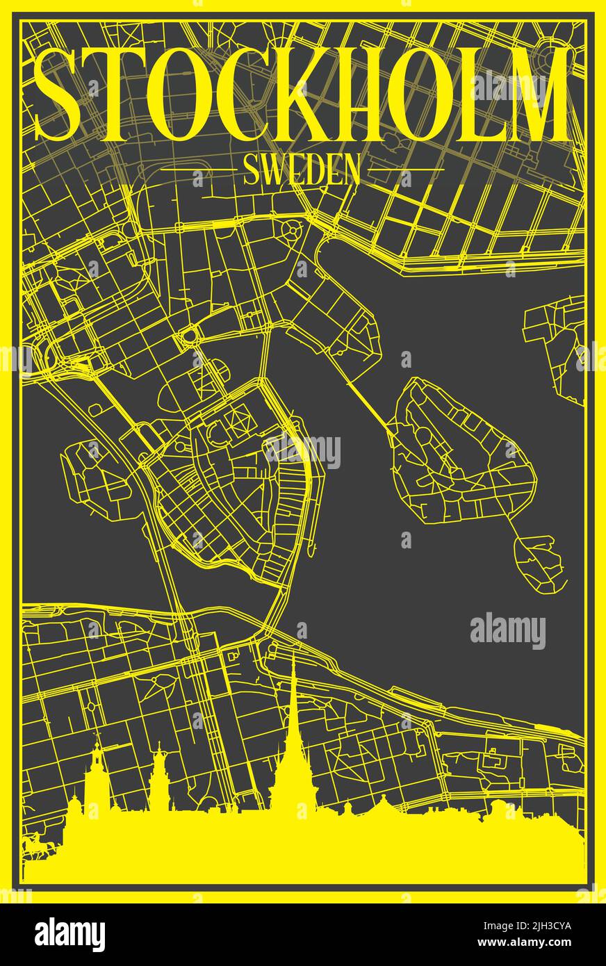 Yellow printout city poster with panoramic skyline and hand-drawn ...