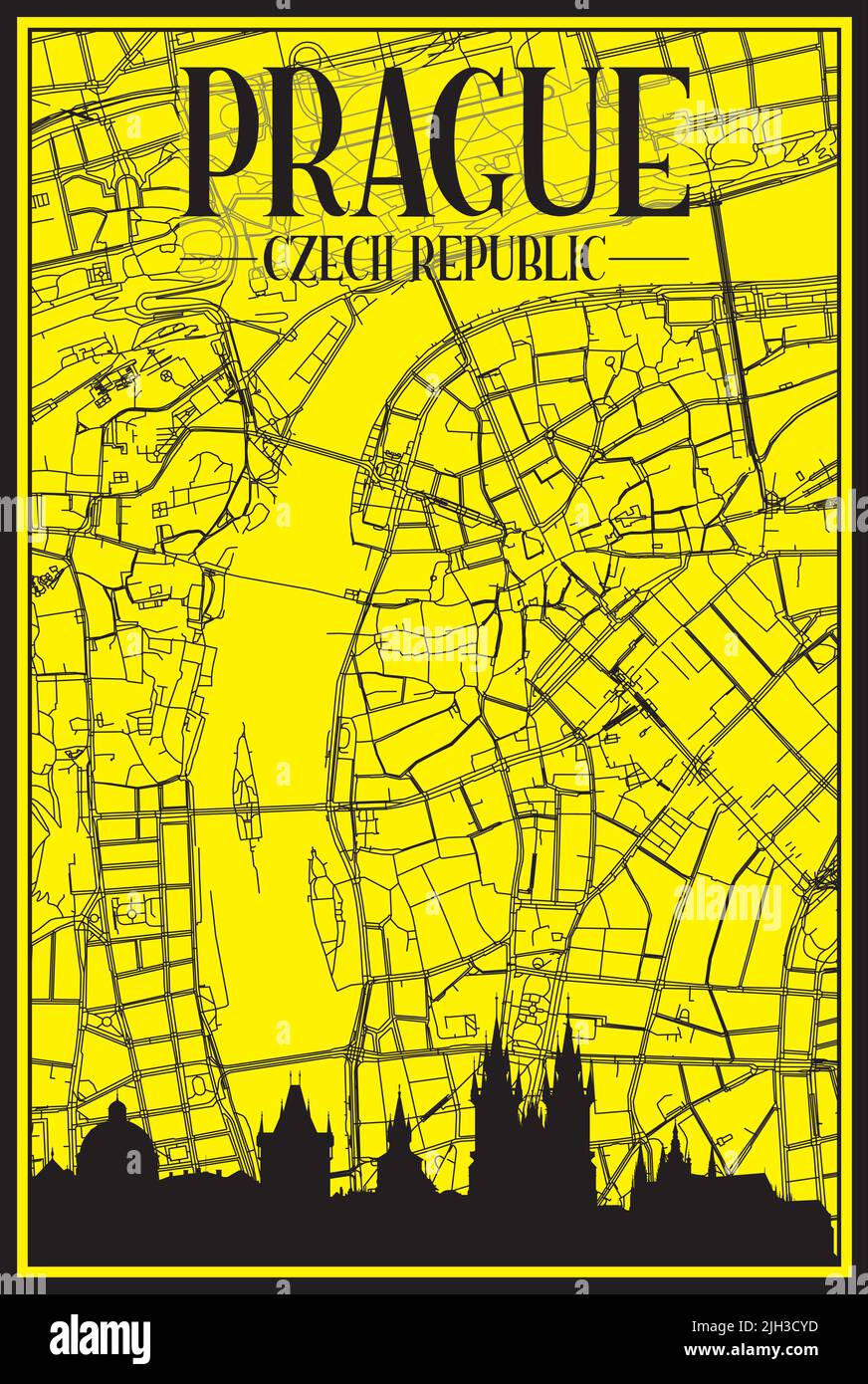 Golden printout city poster with panoramic skyline and hand-drawn ...