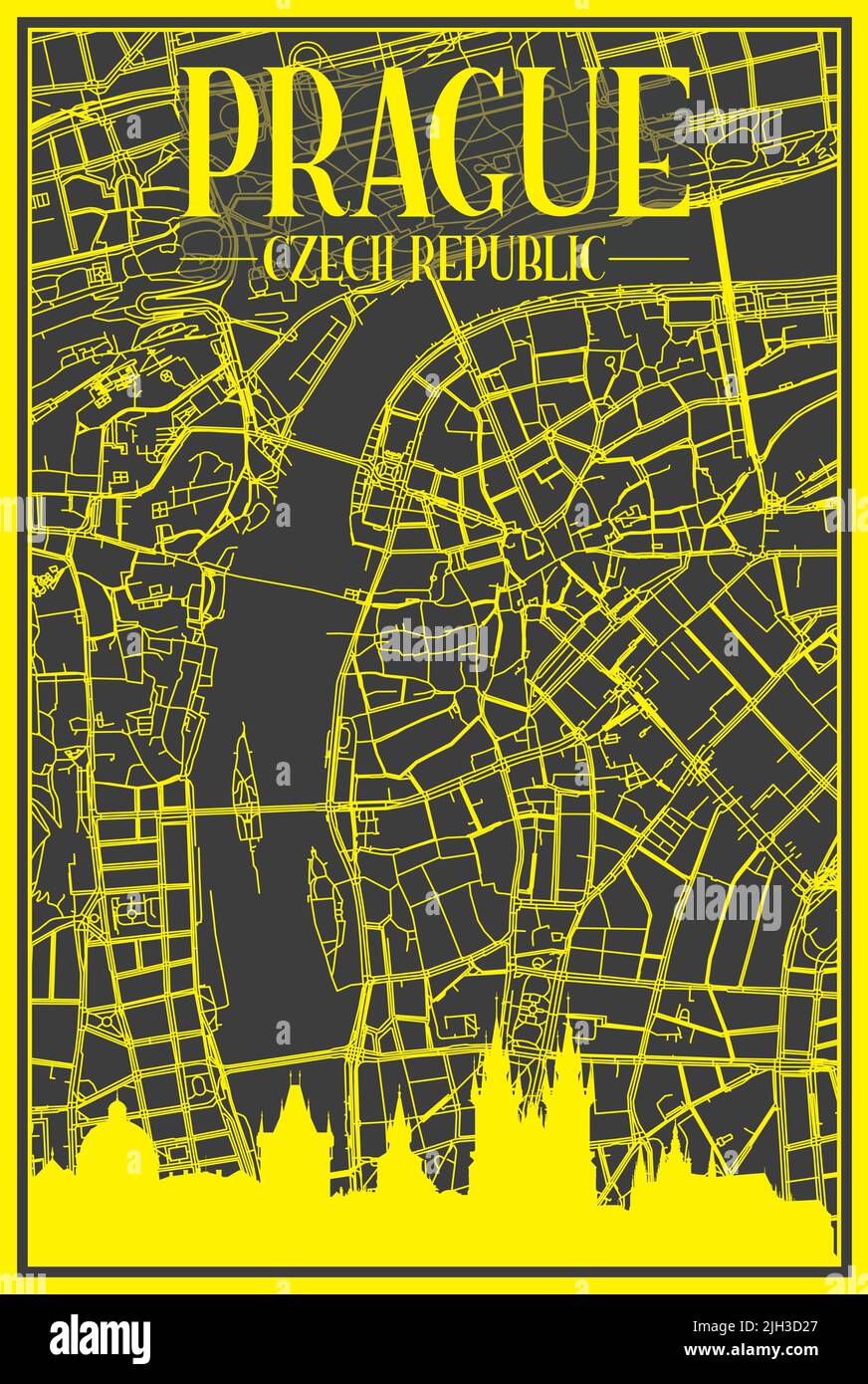 Yellow printout city poster with panoramic skyline and hand-drawn ...