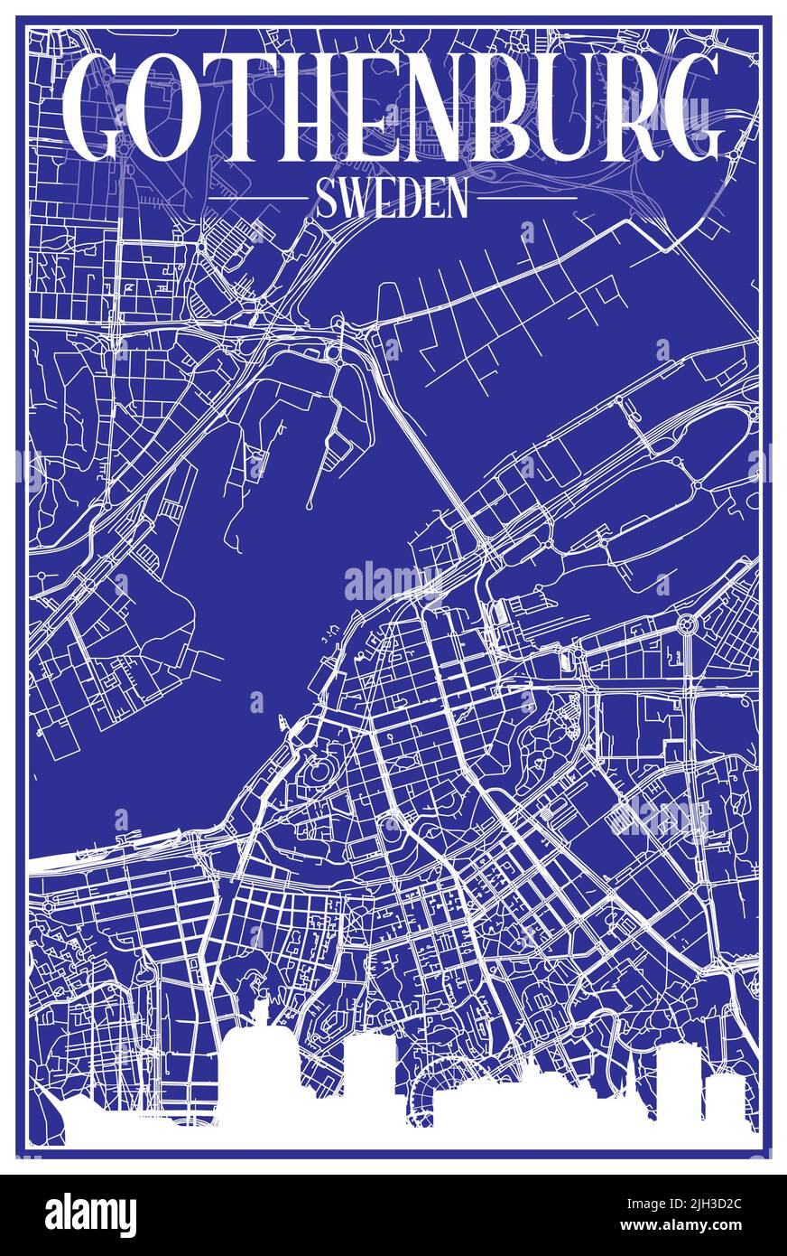 Technical drawing printout city poster with panoramic skyline and hand ...