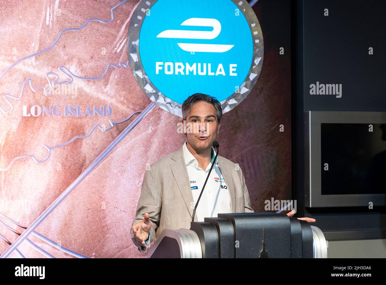 New York, USA. 14th July, 2022. Formula E CEO Jamie Reigle speaks ...