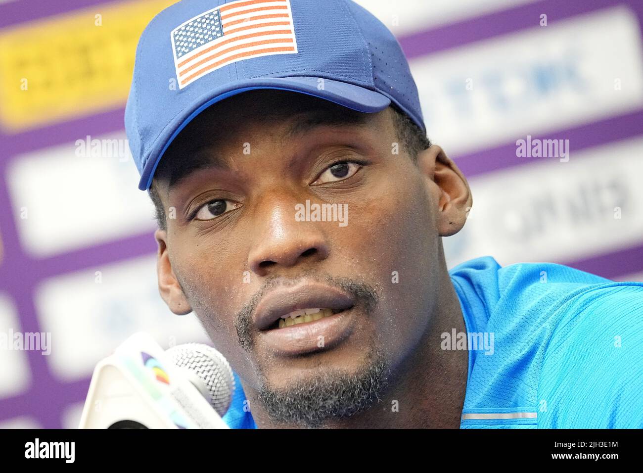 Eugene, USA. 14th July, 2022. Sprinter Fred Kerley (USA) speaks at a ...