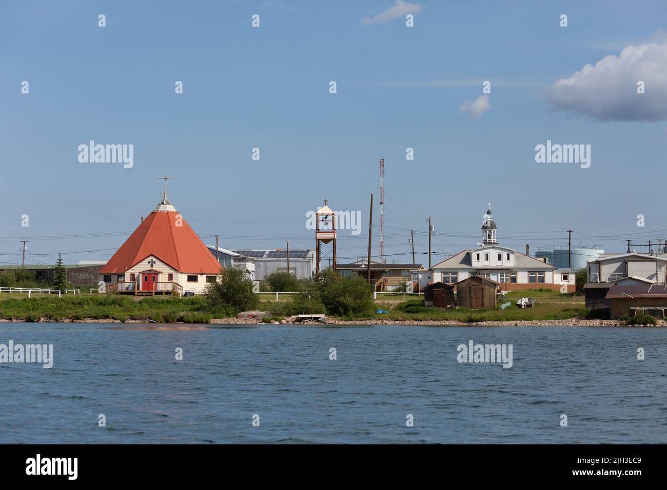 View of the churches in summer from Great Bear Lake, in the northern ...