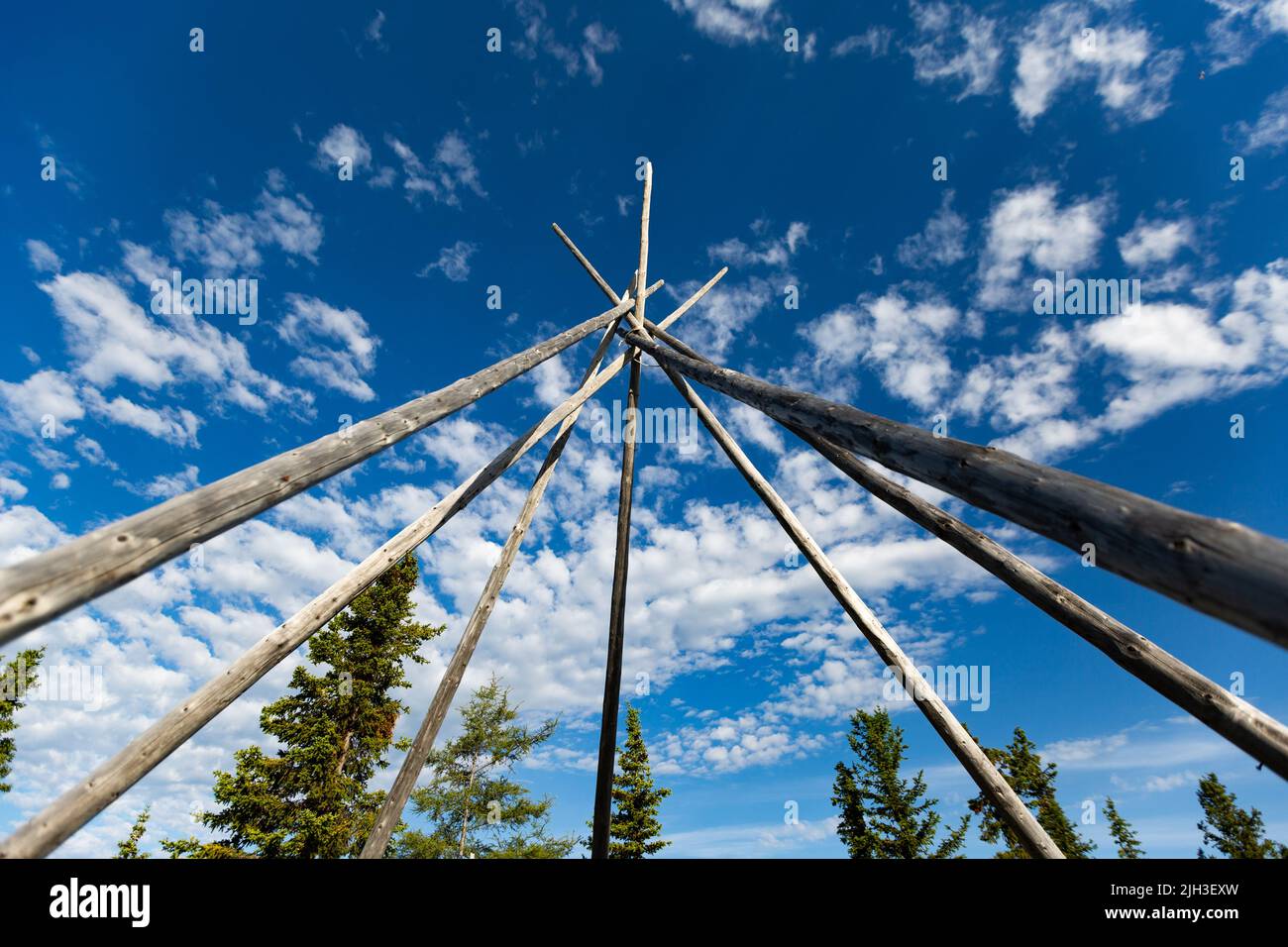 Wooden poles of traditional teepee at cabin in summer, near the ...