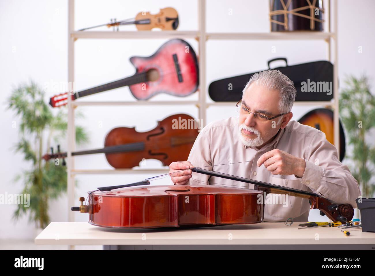 Old repairman repairing musical instruments at workplace Stock Photo ...