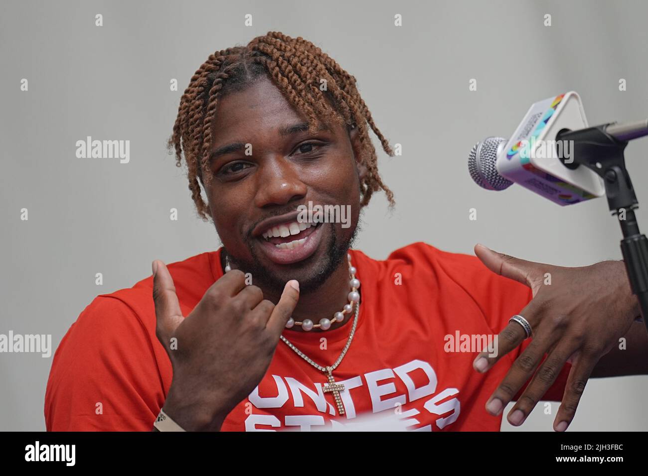 Eugene, USA. 14th July, 2022. Sprinter Noah Lyles (USA) speaks during a ...