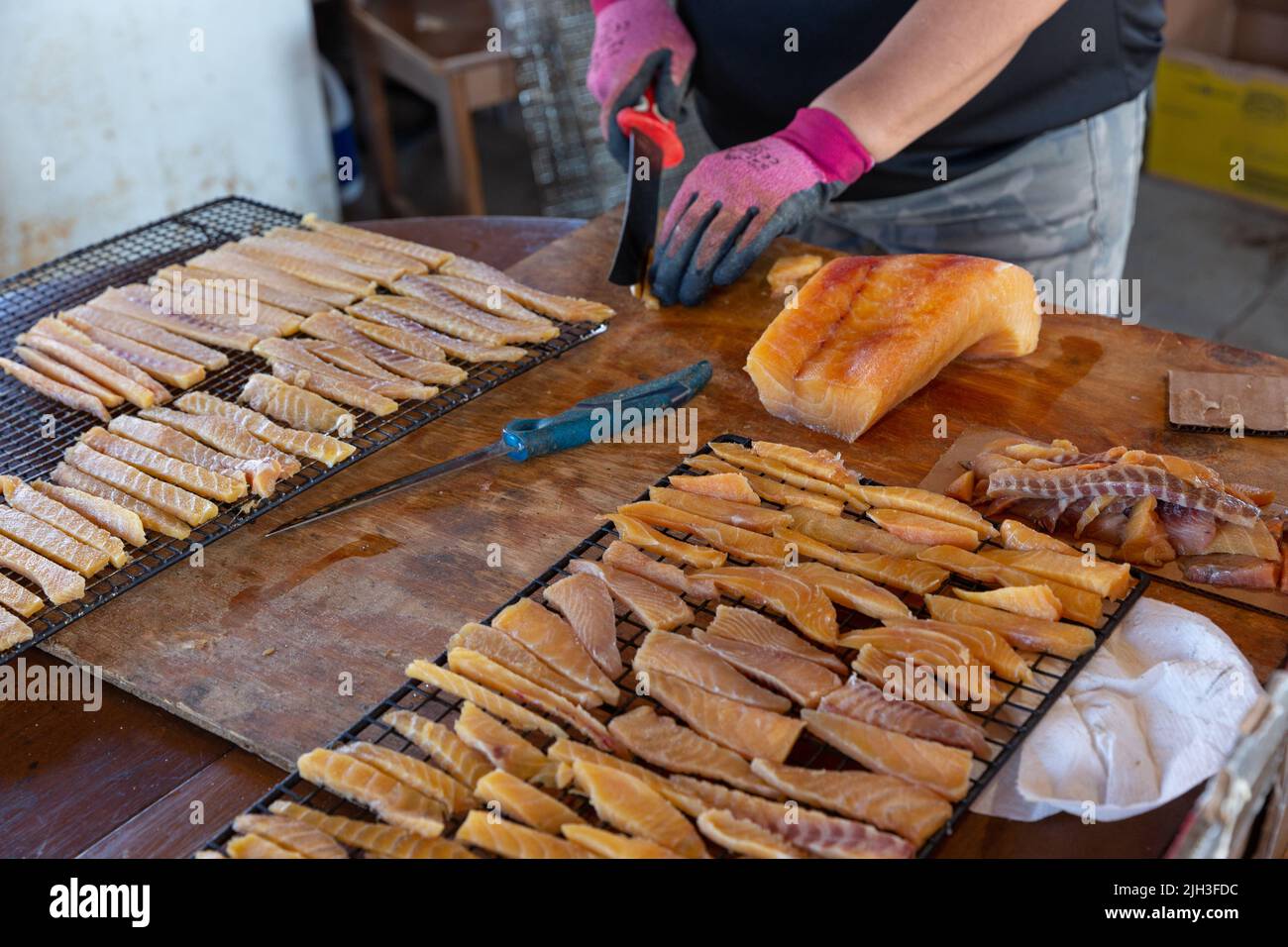 Dene woman cutting strips of fish to smoke (fish sticks) - a local ...