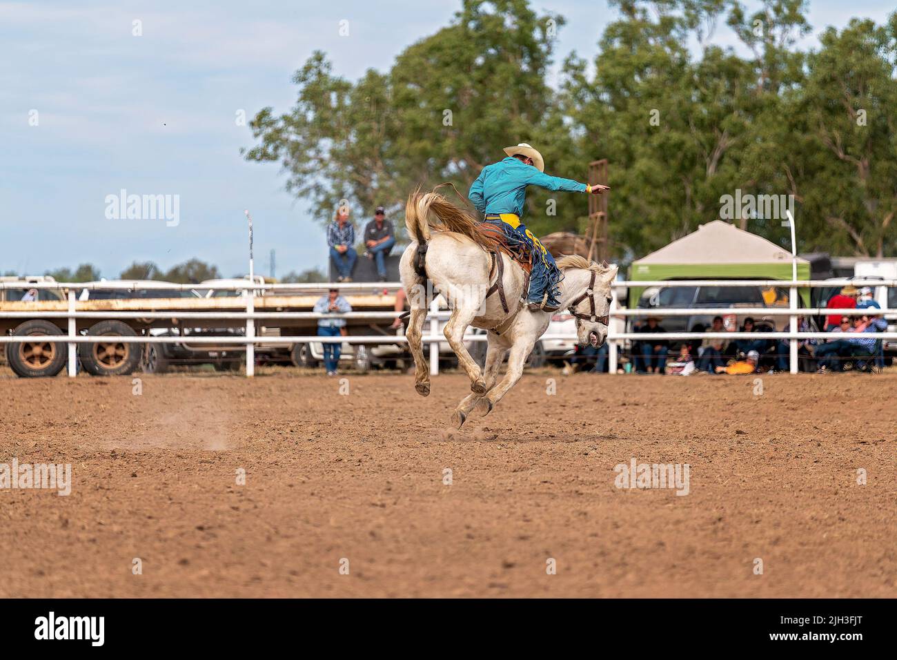Cowboy riding a bucking bronc at a country rodeo Australia Stock Photo ...