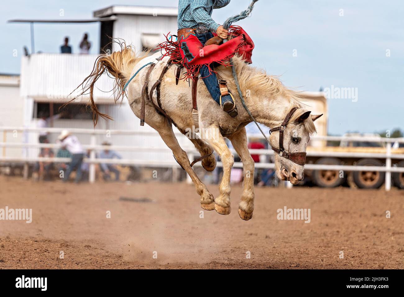 Cowboy riding a bucking bronc at a country rodeo Australia Stock Photo ...