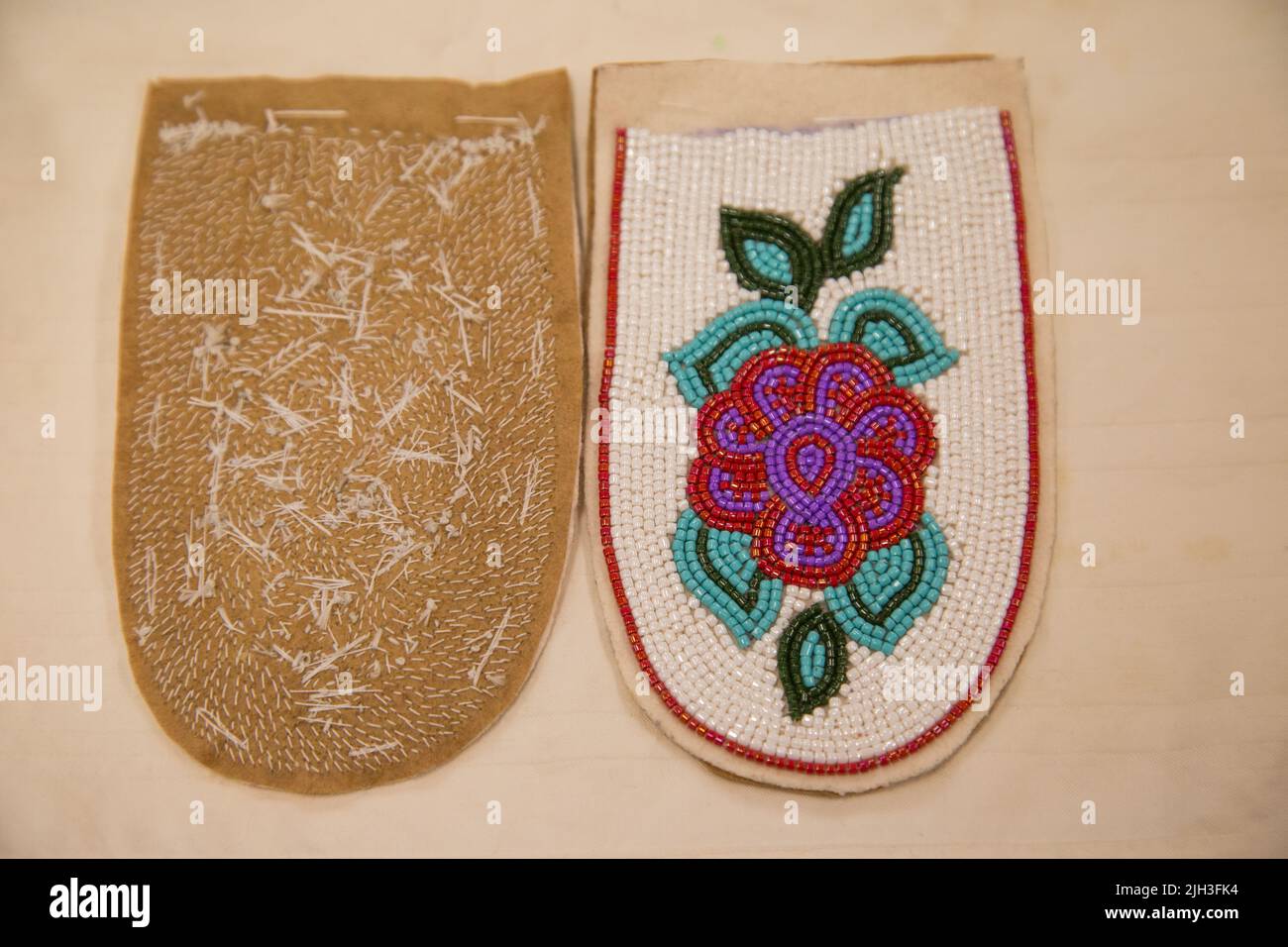 Traditional beaded uppers for moccasins, a typical Dene handicraft in ...