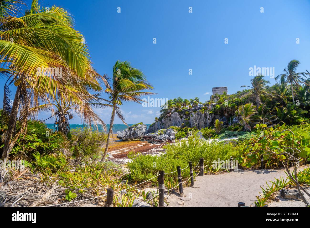 White sand beach with palms, temple of the descending god, Mayan Ruins ...