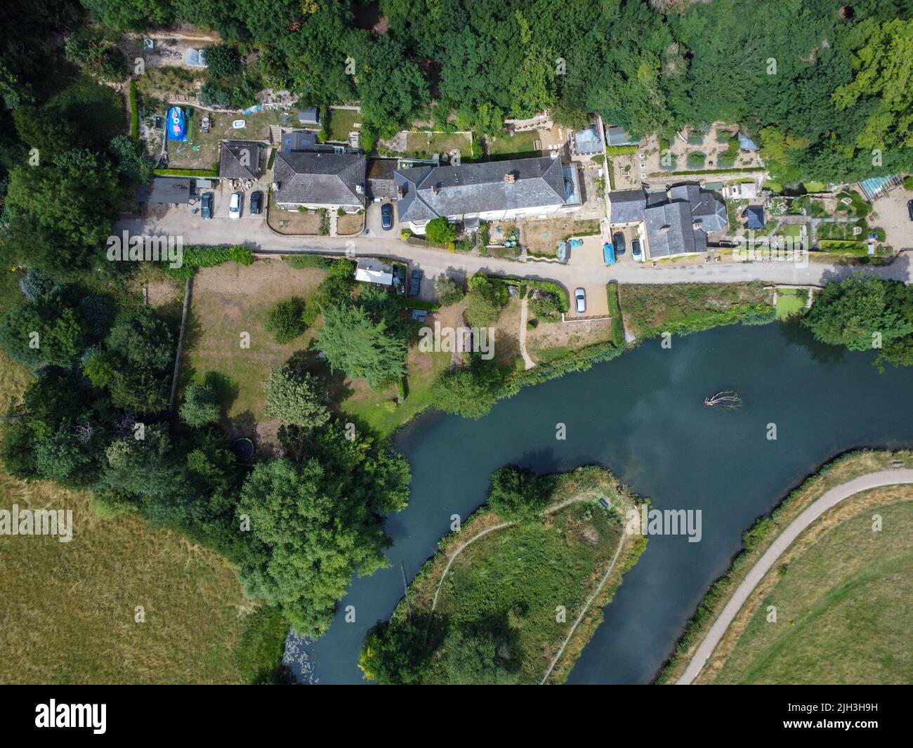 Aerial down shot of river junction and beautiful houses in Hertford UK ...