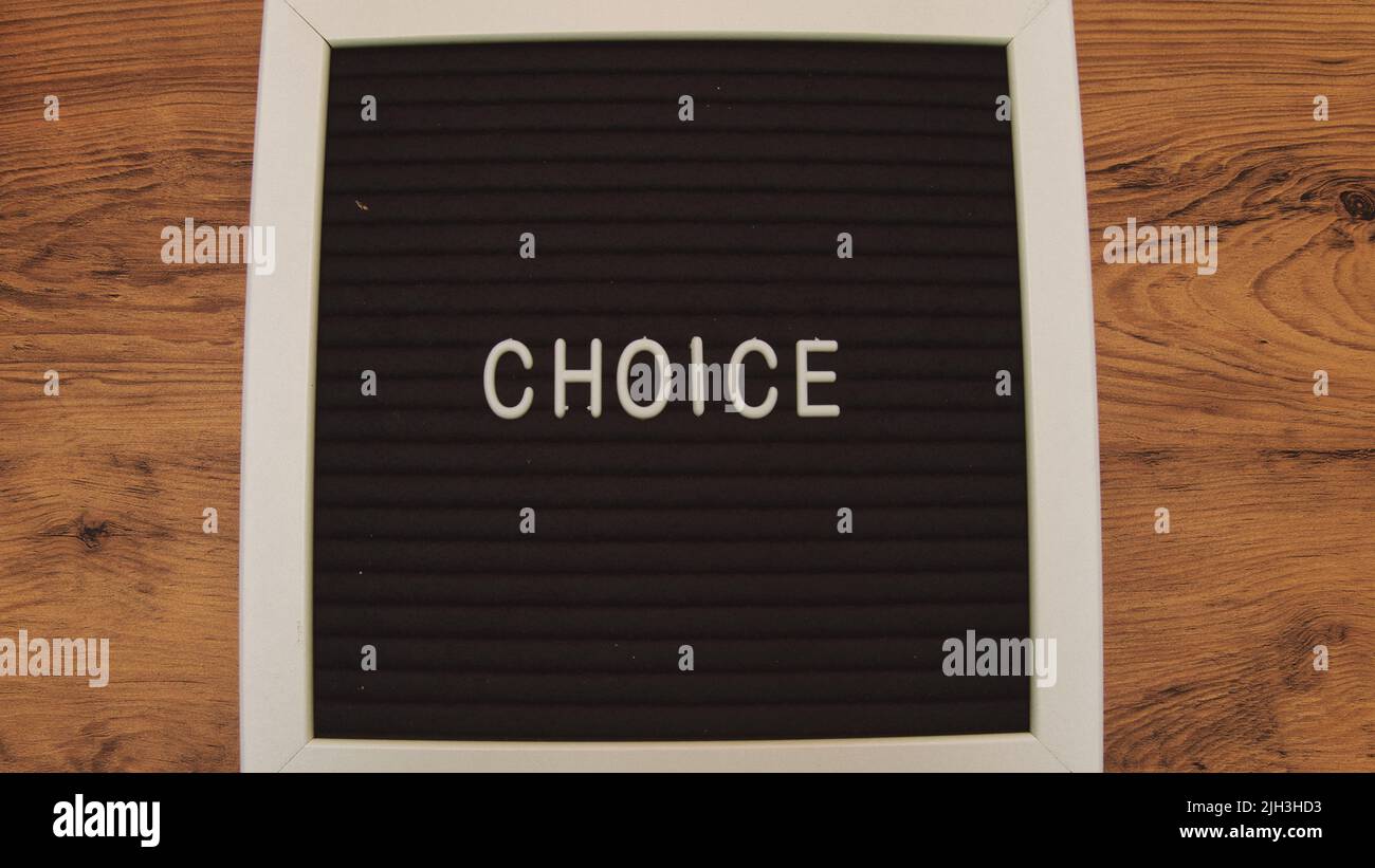 The word "CHOICE" in white lettering on a black background Stock Photo ...