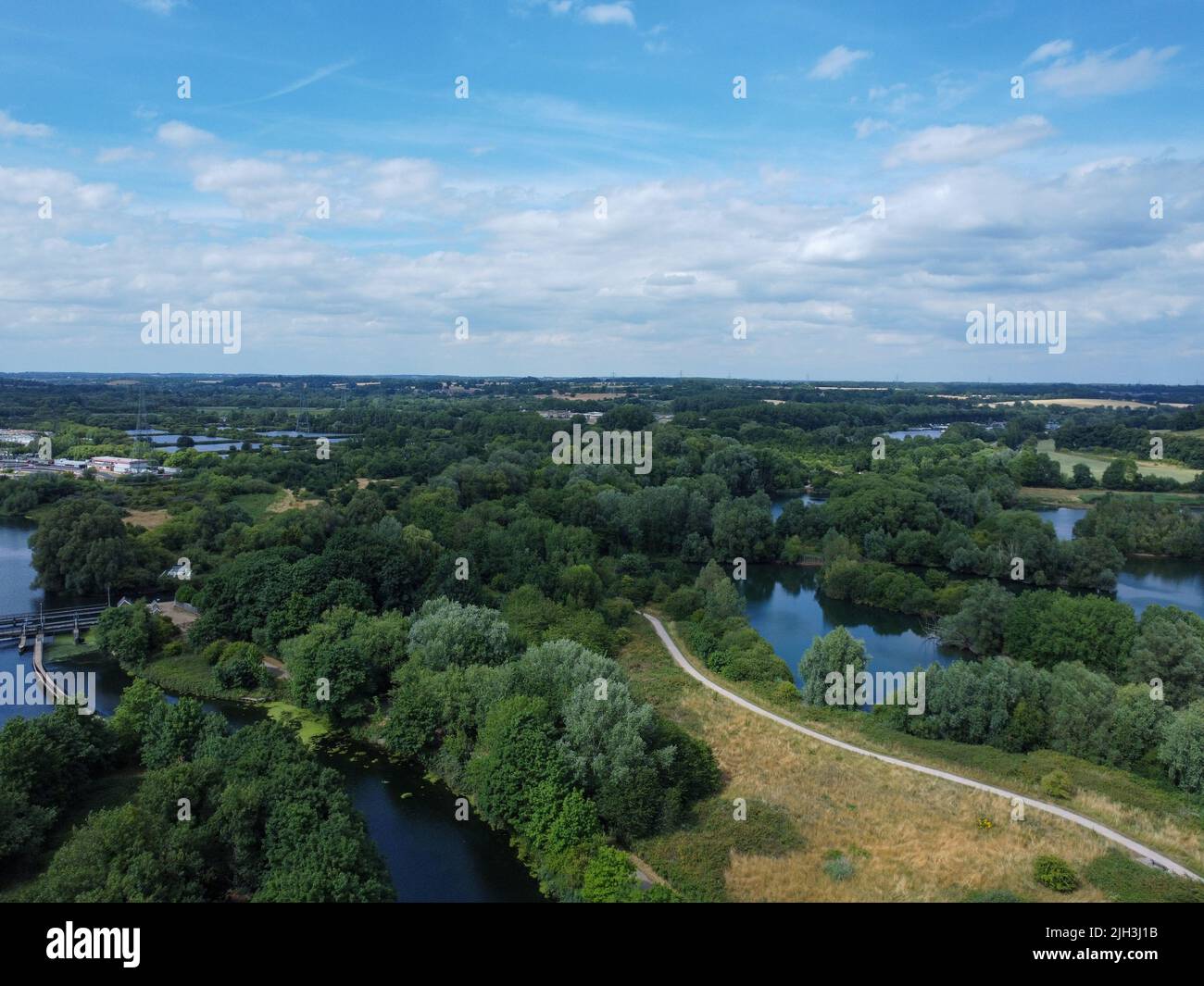 Aerial view of rivers, lakes and woodland in Hertfordshire Stock Photo ...