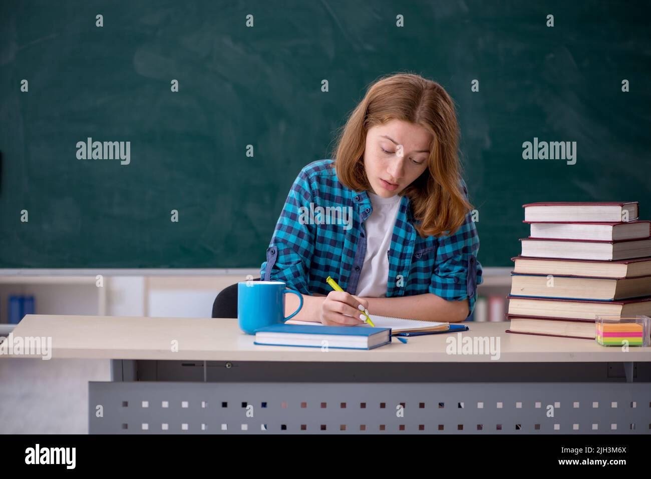 Young girl student preparing for exams in the classroom Stock Photo - Alamy