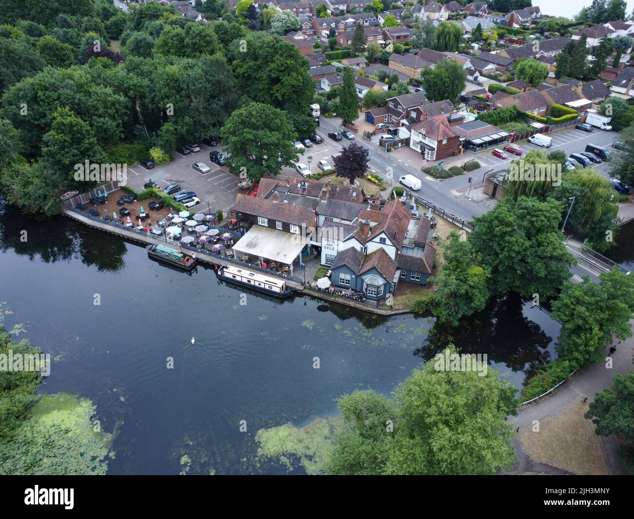 Aerial view of riverside pub and housing estate in Hoddesdon UK Stock ...