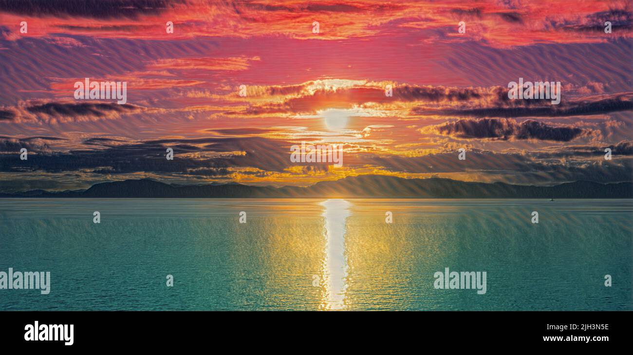 Vivid sunset over turquoise water edited to look like an acrylic ...