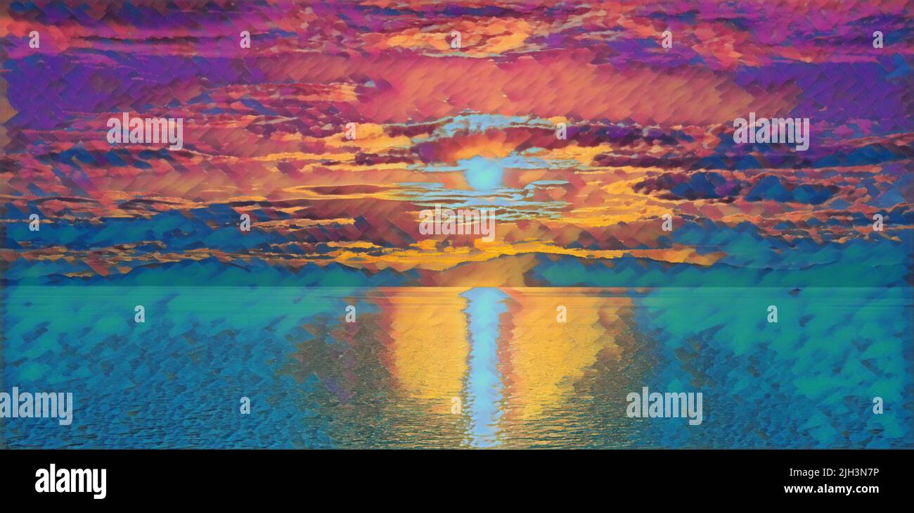 Vivid sunset over turquoise water edited to look like an acrylic ...