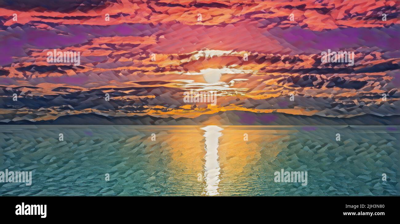 Vivid sunset over turquoise water edited to look like an acrylic ...