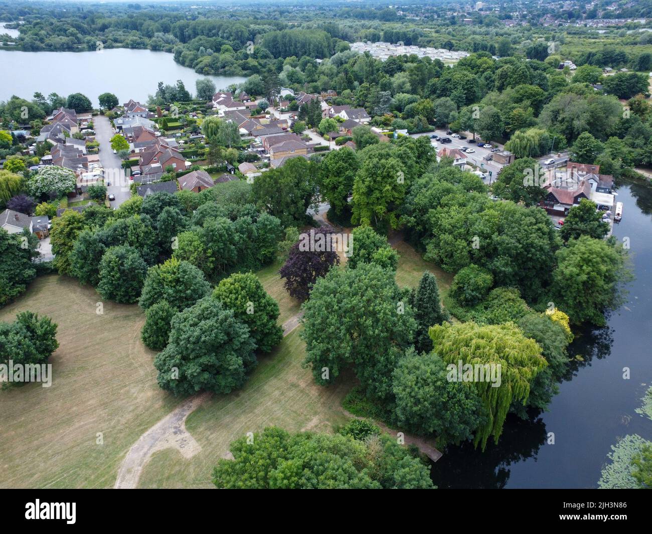 Aerial shot of river and lake side housing estate in Hoddesdon Stock ...