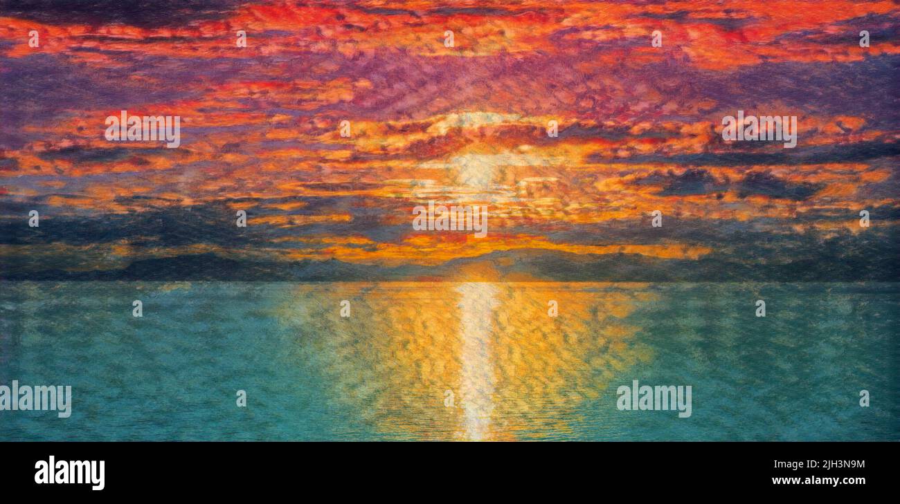 Vivid sunset over turquoise water edited to look like an acrylic ...