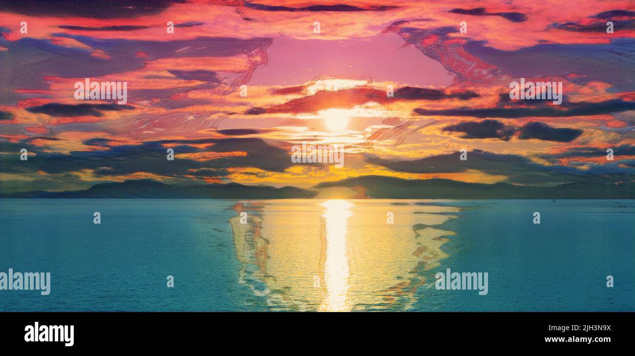 Vivid sunset over turquoise water edited to look like an acrylic ...