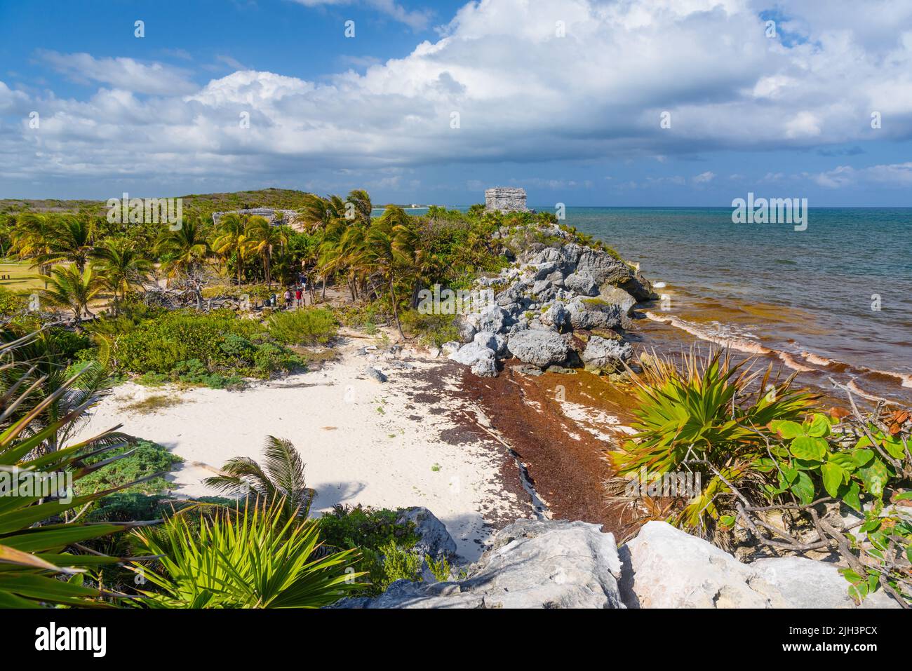 White sand beach with rocks and seaweeds, Mayan Ruins in Tulum, Riviera ...