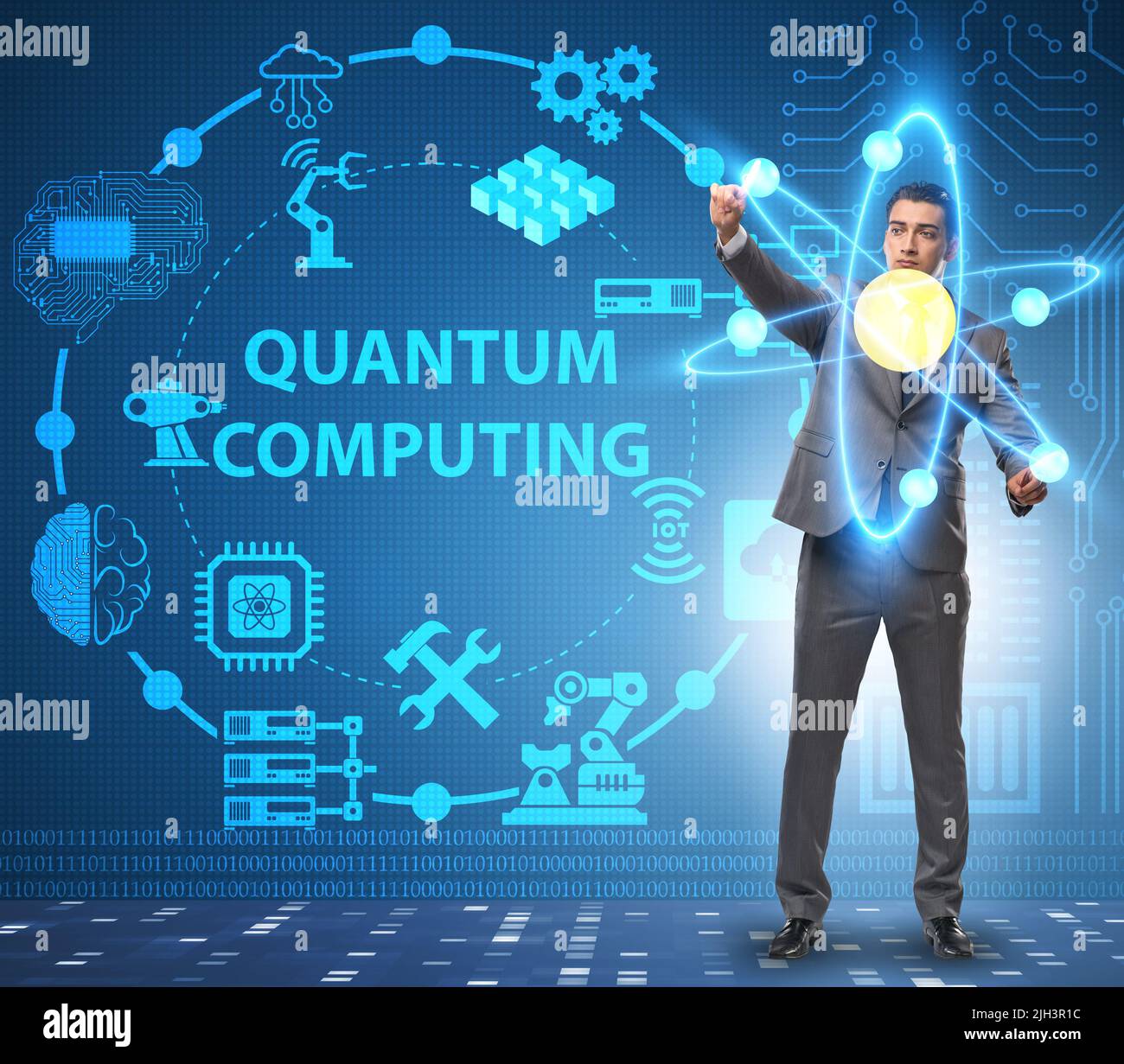 Businessman pressing virtual button in quantum computing concept Stock Photo - Alamy