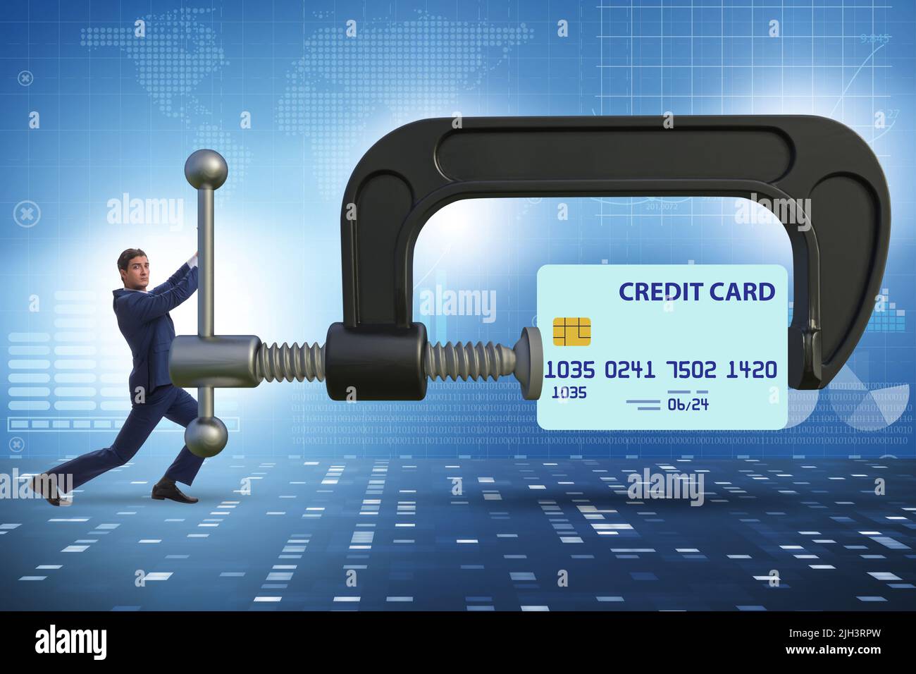 Concept Of Credit Card Debt With The Clamp And Businessman Stock Photo concept-of-credit-card-debt-with-the-clamp-and-businessman-stock-photo