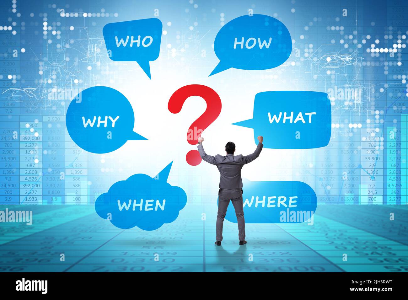 Concept of many questions with the businessman Stock Photo - Alamy
