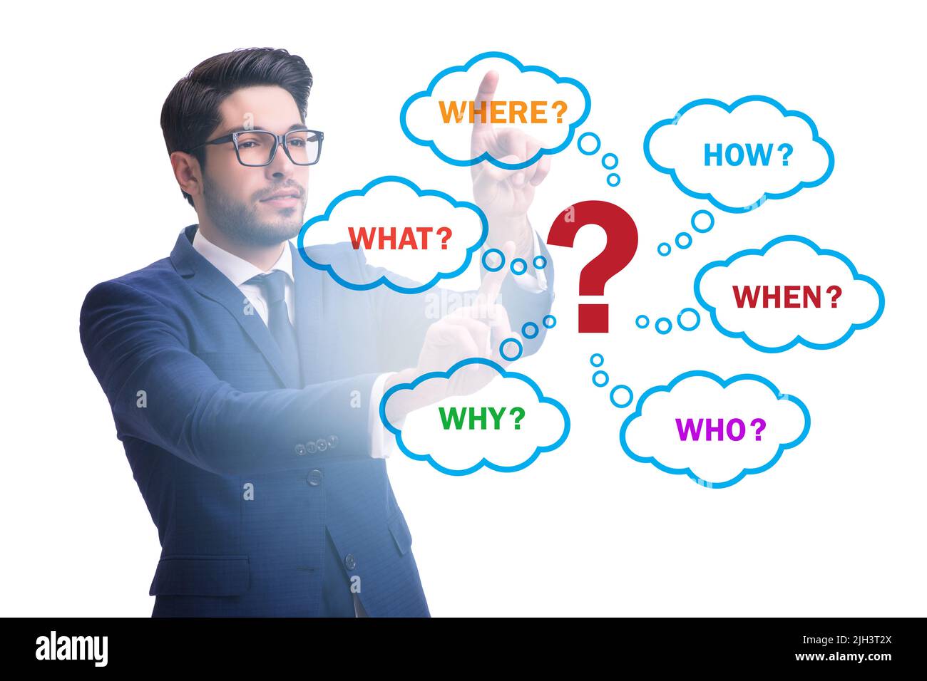 Concept of many different questions asked with the businessman Stock ...