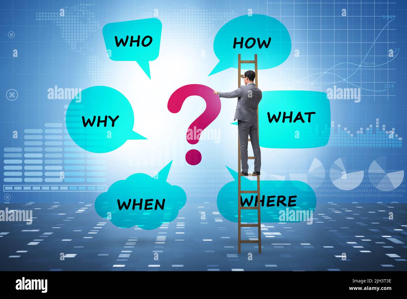 Concept of many questions with the businessman Stock Photo - Alamy