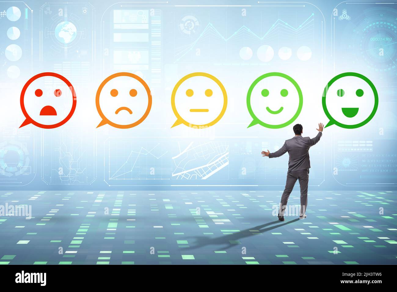 Illustration of customer feedback with the faces and businessman Stock ...