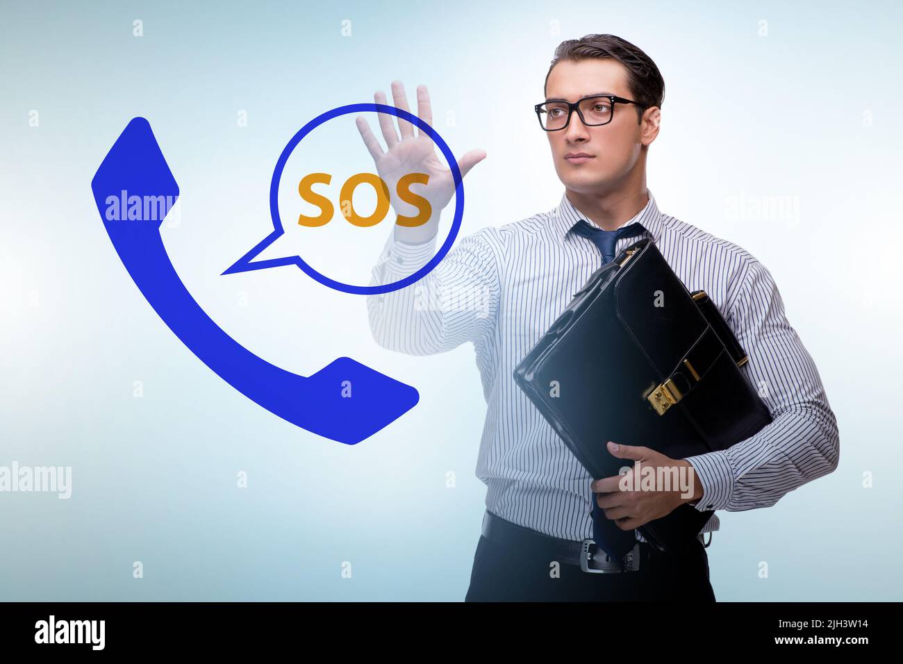 Businessman pressing SOS button in the case of danger Stock Photo - Alamy