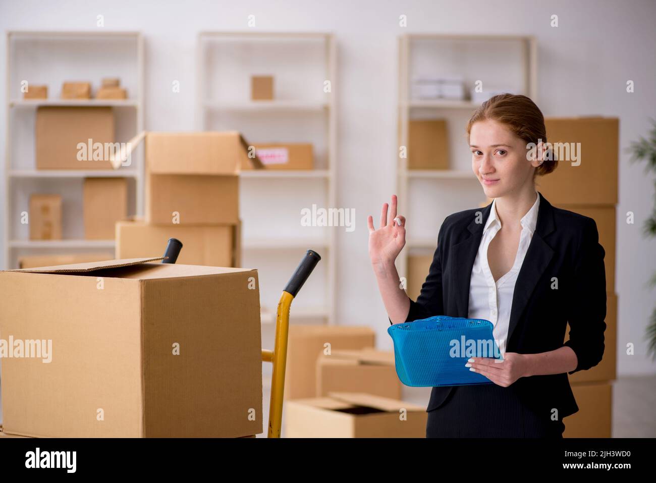 Female professional mover doing home relocation Stock Photo - Alamy
