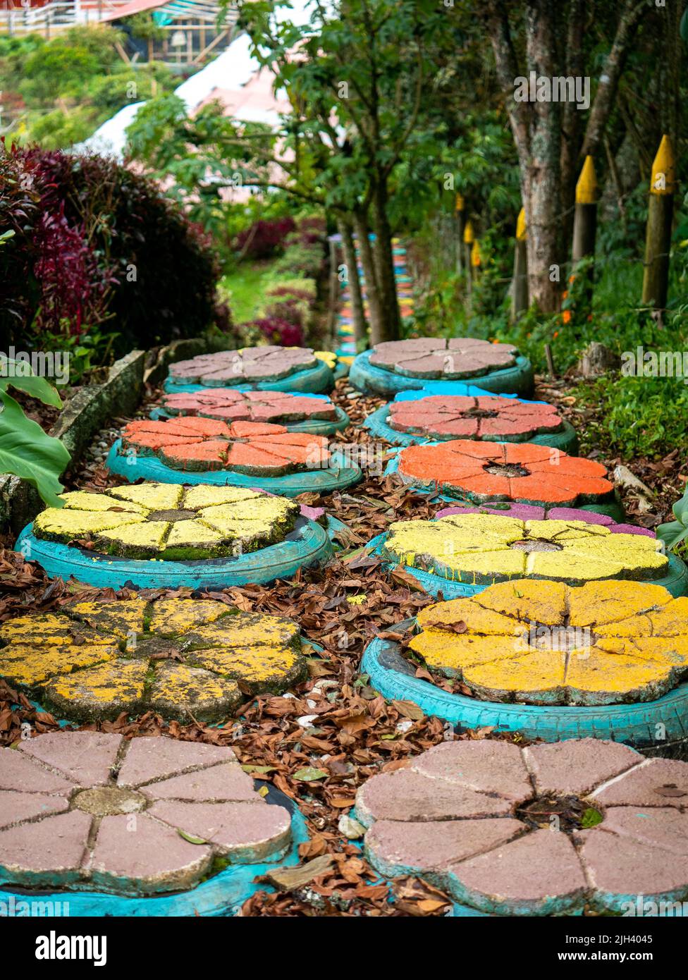 Road of Cement Flowers of Different Colors Made with Tires Stock Photo ...