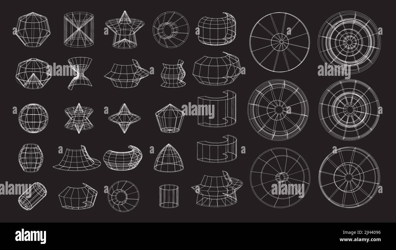 Set of abstract geometric technology elements in cyberpunk style. Retro vintage collection 3d ...