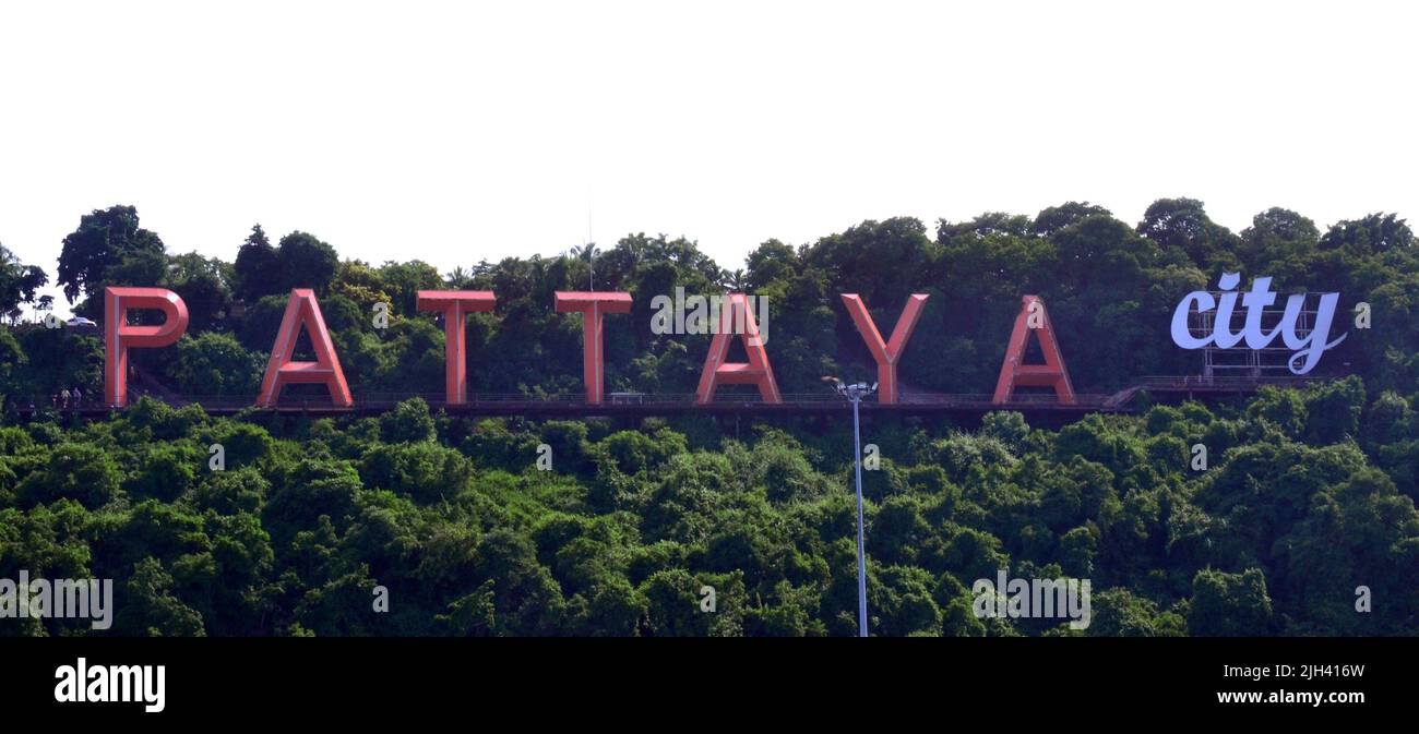 A large 'Pattaya City' sign above the bay at at the seaside resort of ...