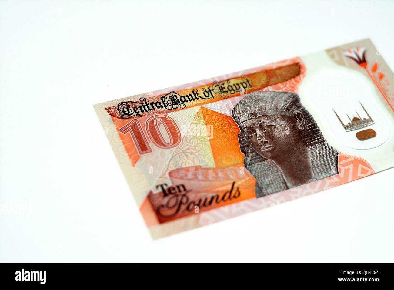 Selective focus of reverse side of the new first Egyptian 10 LE EGP ten ...